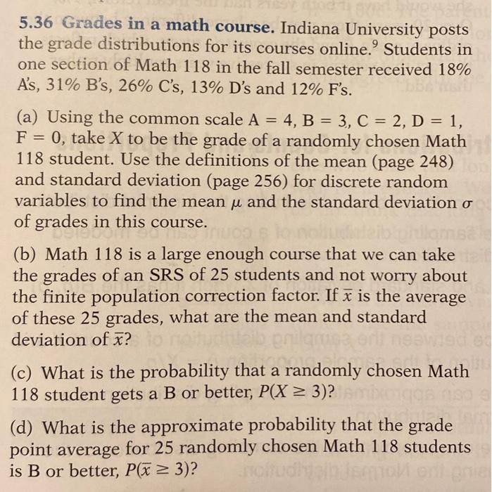 Solved 5 36 Grades In A Math Course Indiana University Chegg