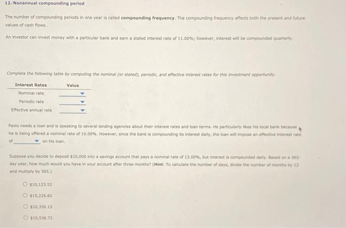 Solved 12. Nonannual compounding period The number of | Chegg.com