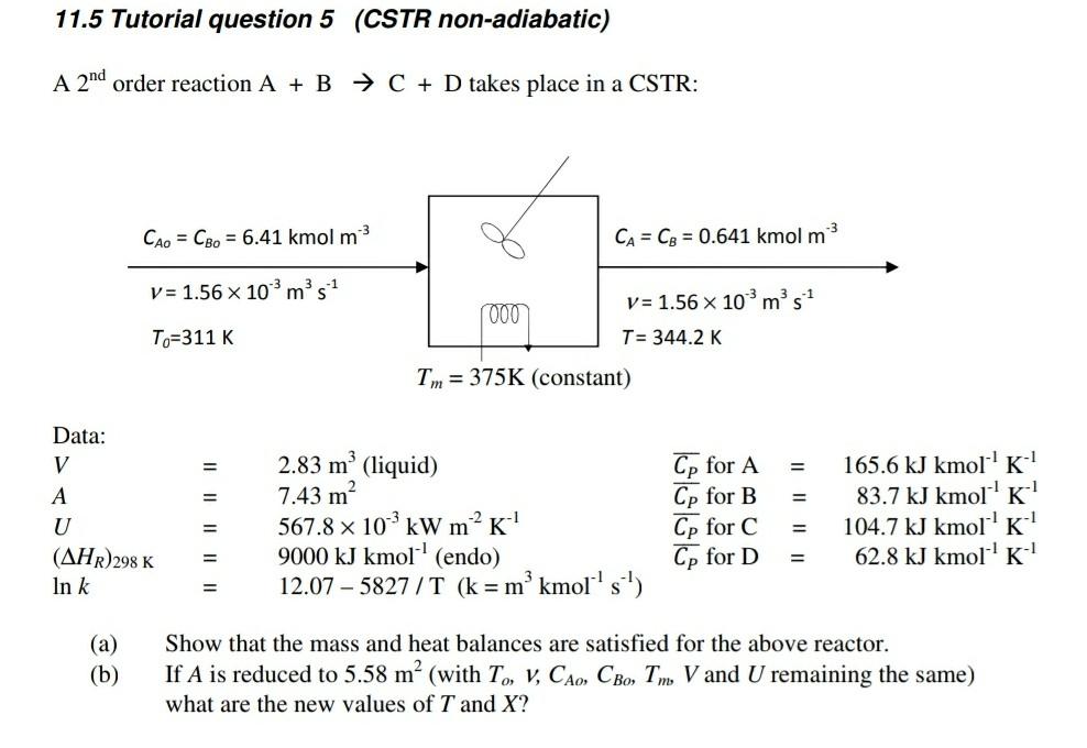 Solved A2nd order reaction A+B→C+D takes place in a CSTR: | Chegg.com