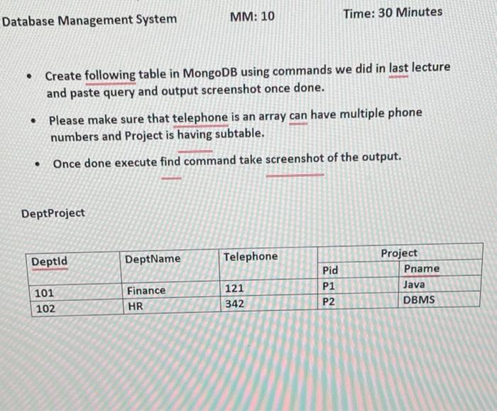 Solved Database Management System MM: 10 Time: 30 Minutes • | Chegg.com