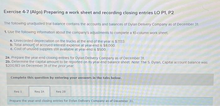 Solved Exercise 4-7 (Algo) Preparing a work sheet and | Chegg.com