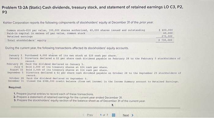 Solved Problem 13-2A (Static) Cash dividends, treasury | Chegg.com