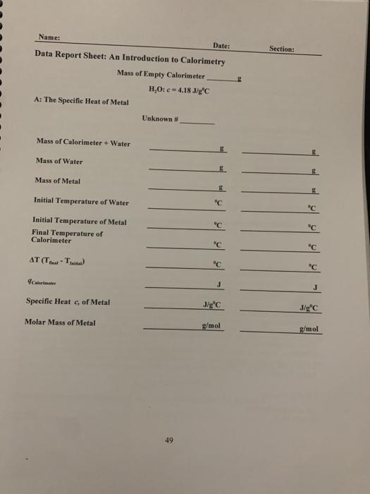Solved Section: Name: Date: Data Report Sheet: An | Chegg.com