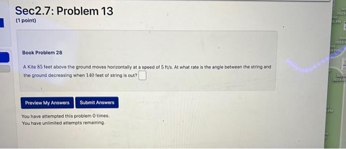 Solved A Kite 85 feet above the ground moves horizontally at | Chegg.com