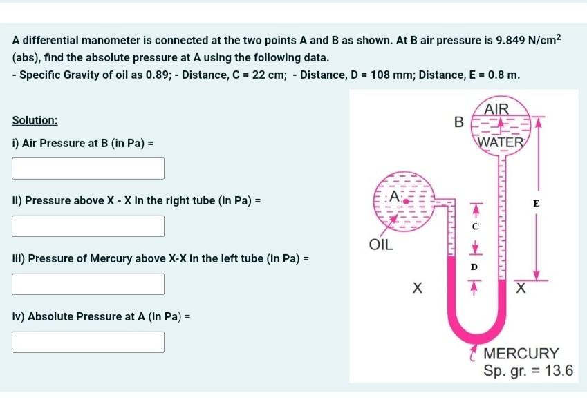 Solved A differential manometer is connected at the two | Chegg.com