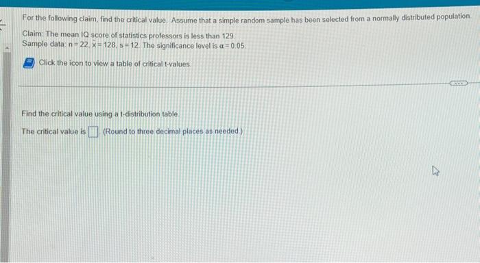 Solved For the following claim. find the critical value. | Chegg.com