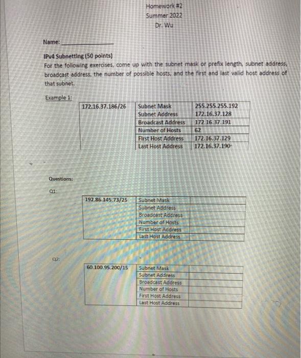 Solved Name: IPv4 Subnetting (50 points) For the following | Chegg.com