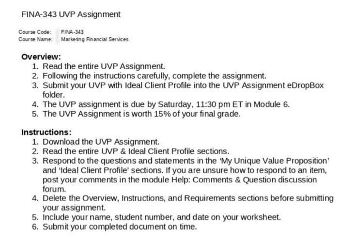 Overview: 1. Read the entire UVP Assignment. 2. | Chegg.com