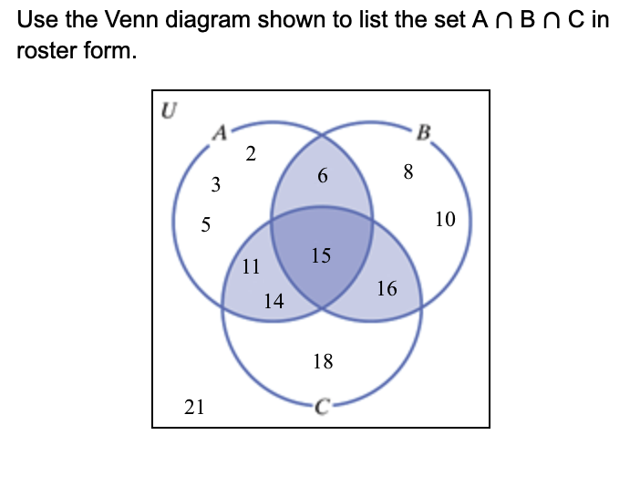 Use the Venn diagram shown to list the set A∩B∩C | Chegg.com
