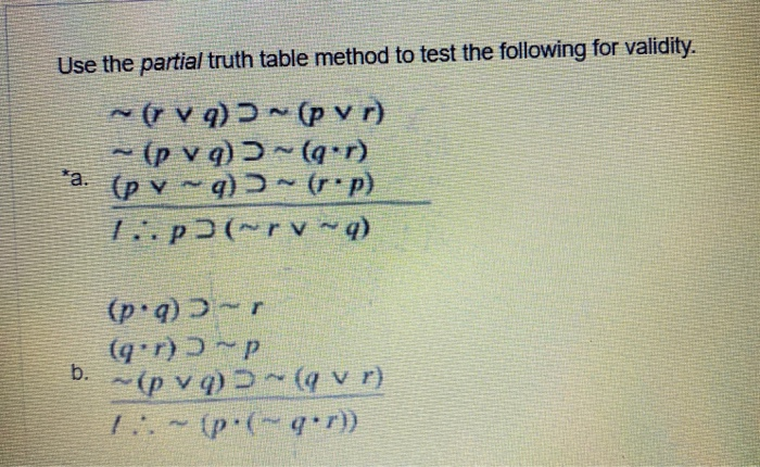 Solved Use the partial truth table method to test the | Chegg.com