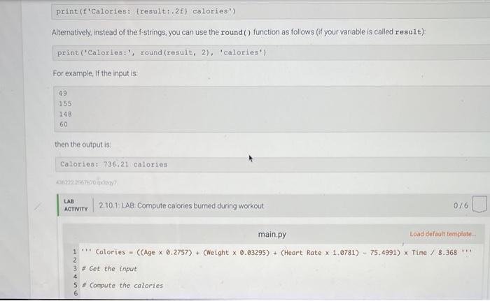 Solved 2.10 LAB: Compute calories burned during workout CS8 | Chegg.com