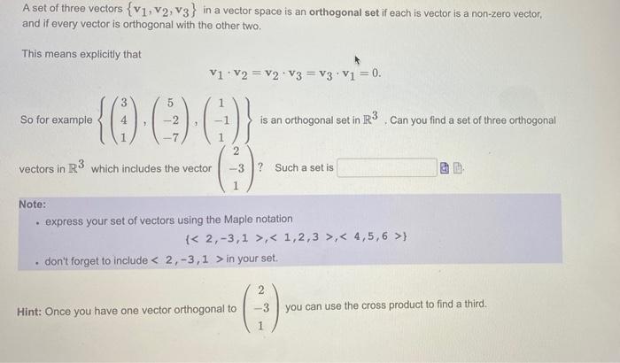 Solved A set of three vectors {V1, V2, v3} in a vector space | Chegg.com