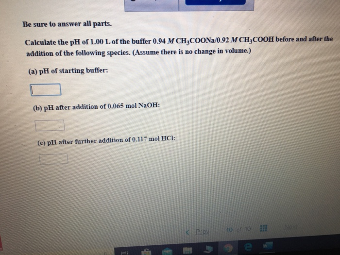Solved Be sure to answer all parts. Calculate the pH of 1.00 | Chegg.com