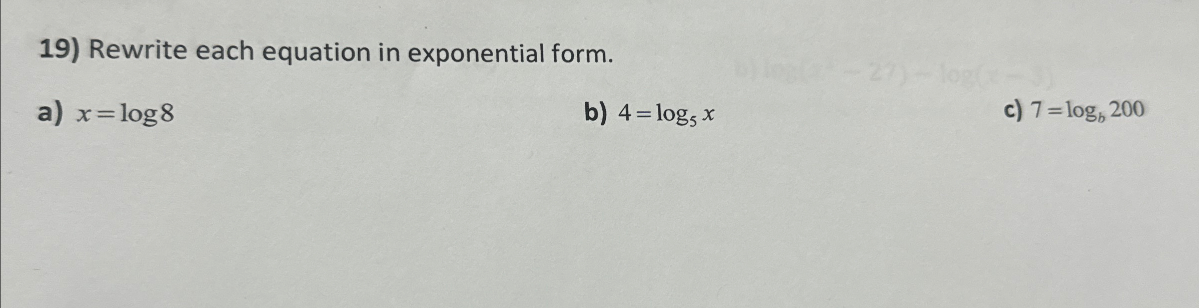 Solved Rewrite each equation in exponential | Chegg.com