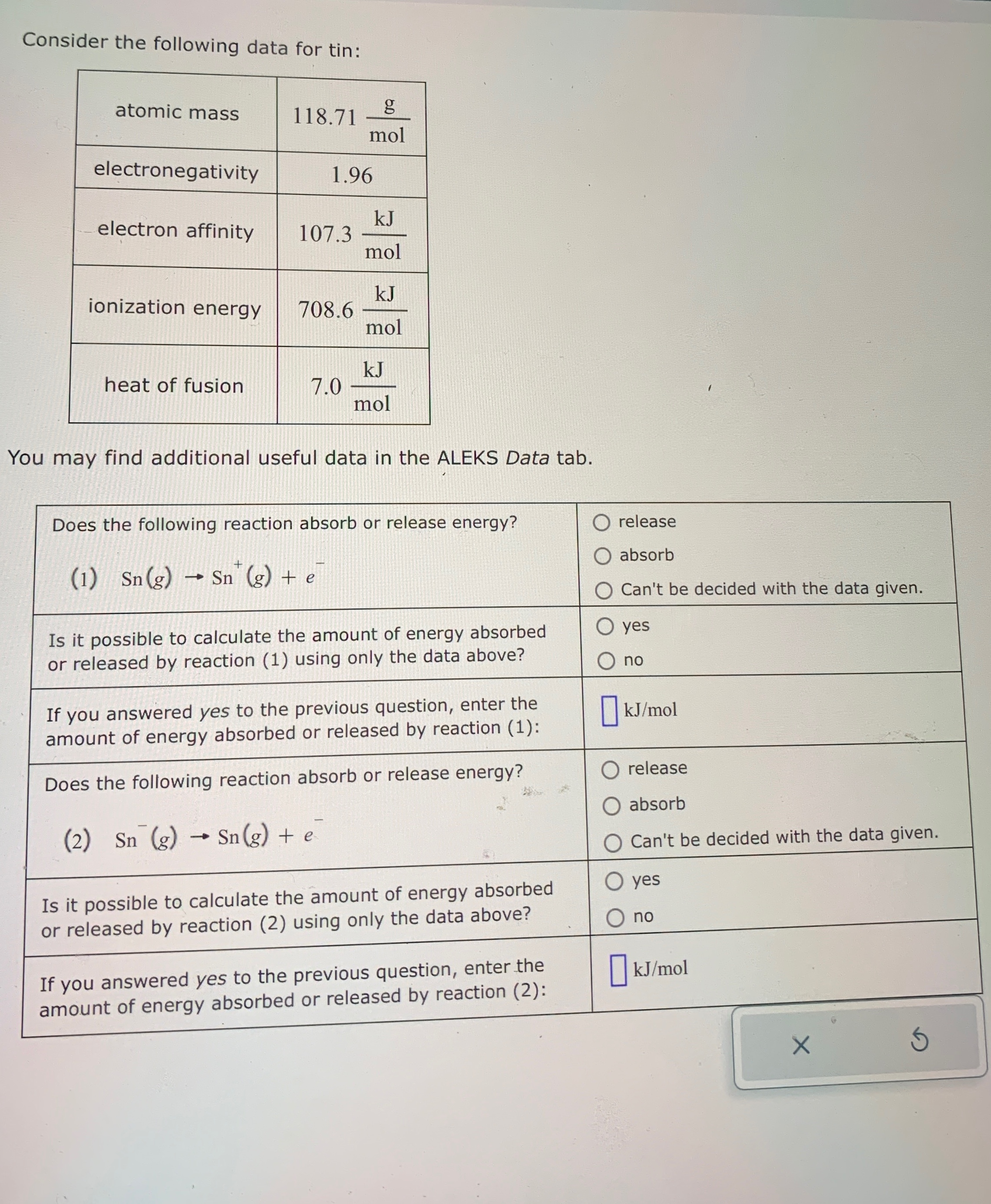Solved Consider the following data for tin:\table[[atomic | Chegg.com