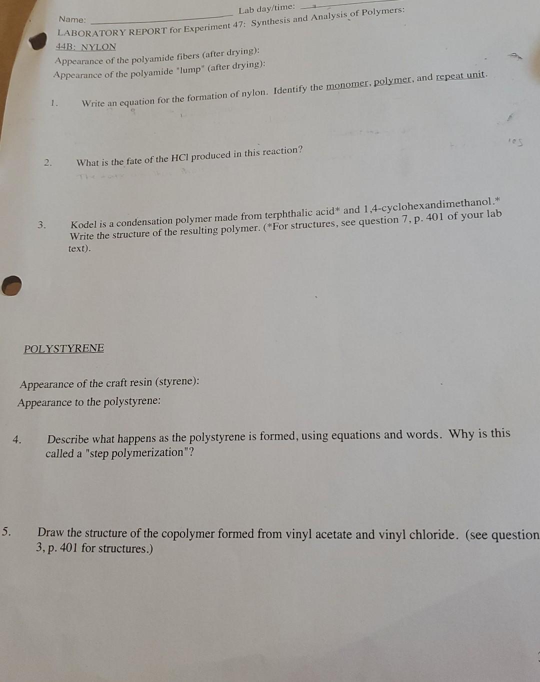 Solved Name: Lab day/time: LABORATORY REPORT for Experiment | Chegg.com
