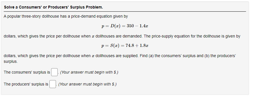 Solved Solve a Consumers' or Producers' Surplus Problem.A | Chegg.com