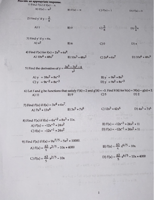 Solved Provide an appropriate response. 1) Find f(x) if f(x) | Chegg.com