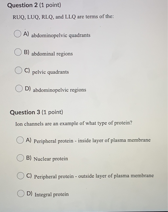 Solved Question 2 (1 point) RUQ, LUQ, RLQ, and LLQ are terms | Chegg.com