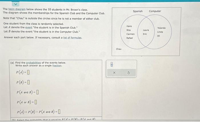 Solved The Venn diagram below shows the 10 students in Mr. | Chegg.com