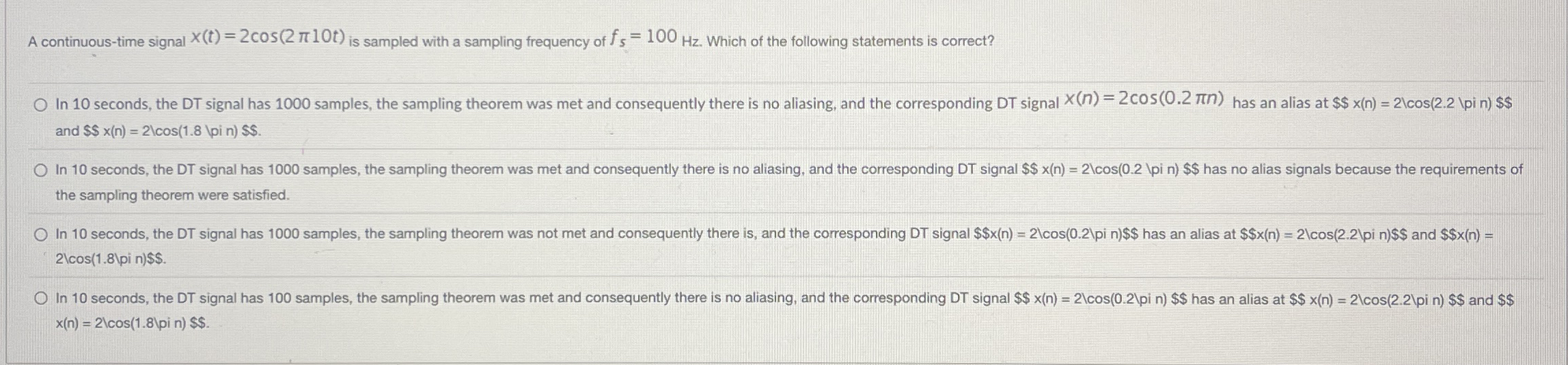 A continuous-time signal x(t)=2cos(2π10t) ﻿is sampled | Chegg.com