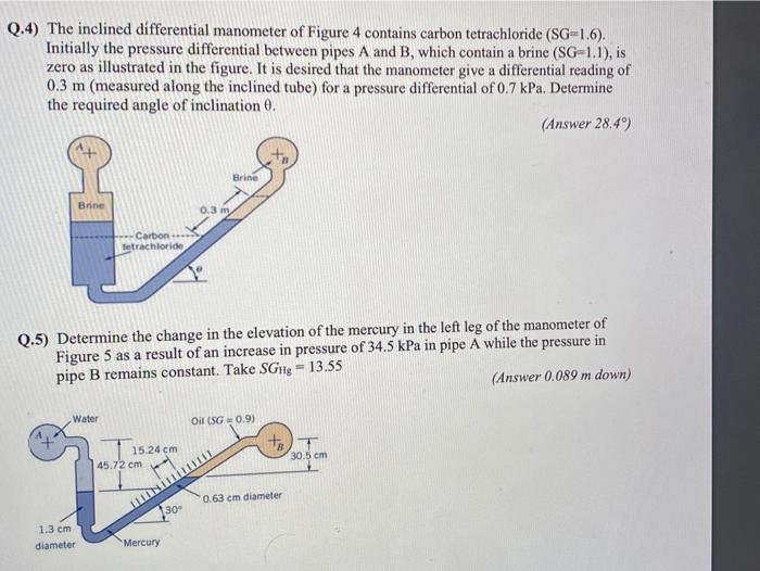 Solved Q.4) The inclined differential manometer of Figure 4 | Chegg.com