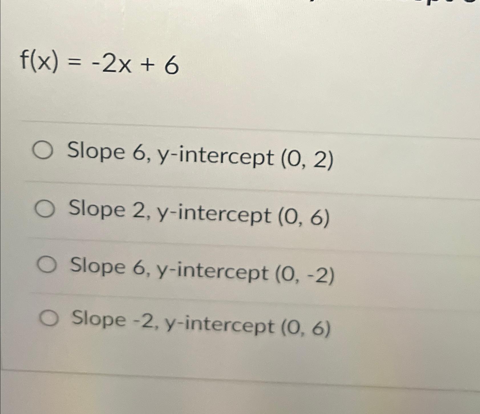 Solved f(x)=-2x+6Slope 6, ﻿y-intercept (0,2)Slope 2, | Chegg.com