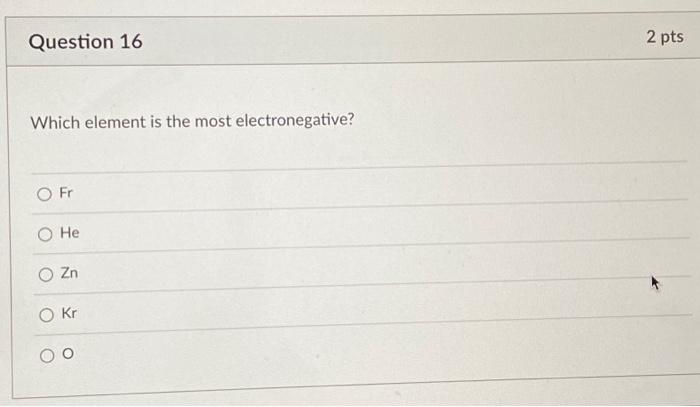 Solved Which element is the most electronegative? Fr He Zn | Chegg.com