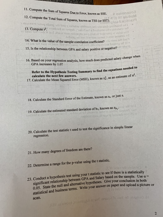 Solved 11 Compute The Sum Of Squares Due To Error Known As 