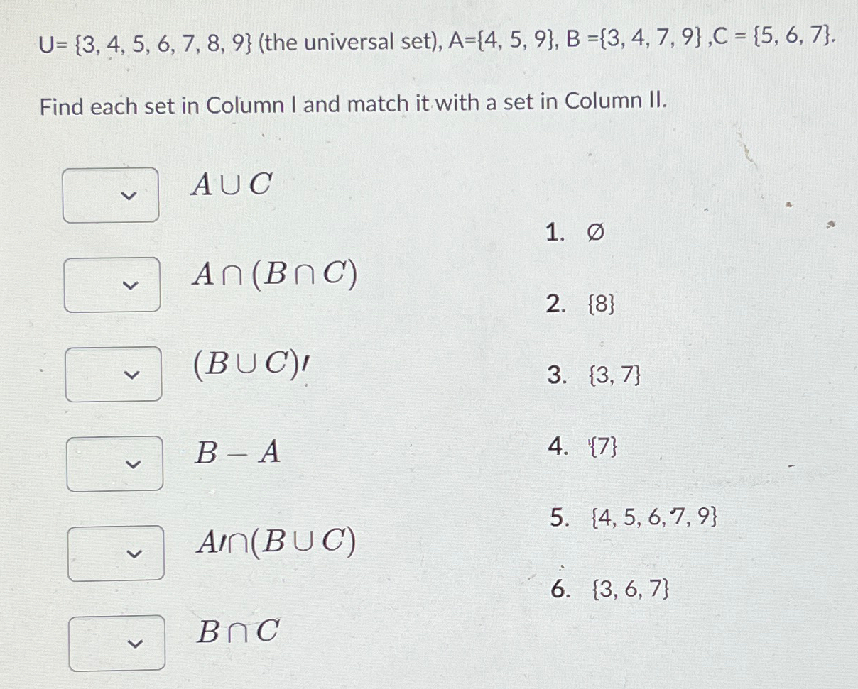 Solved U={3,4,5,6,7,8,9} (the universal | Chegg.com