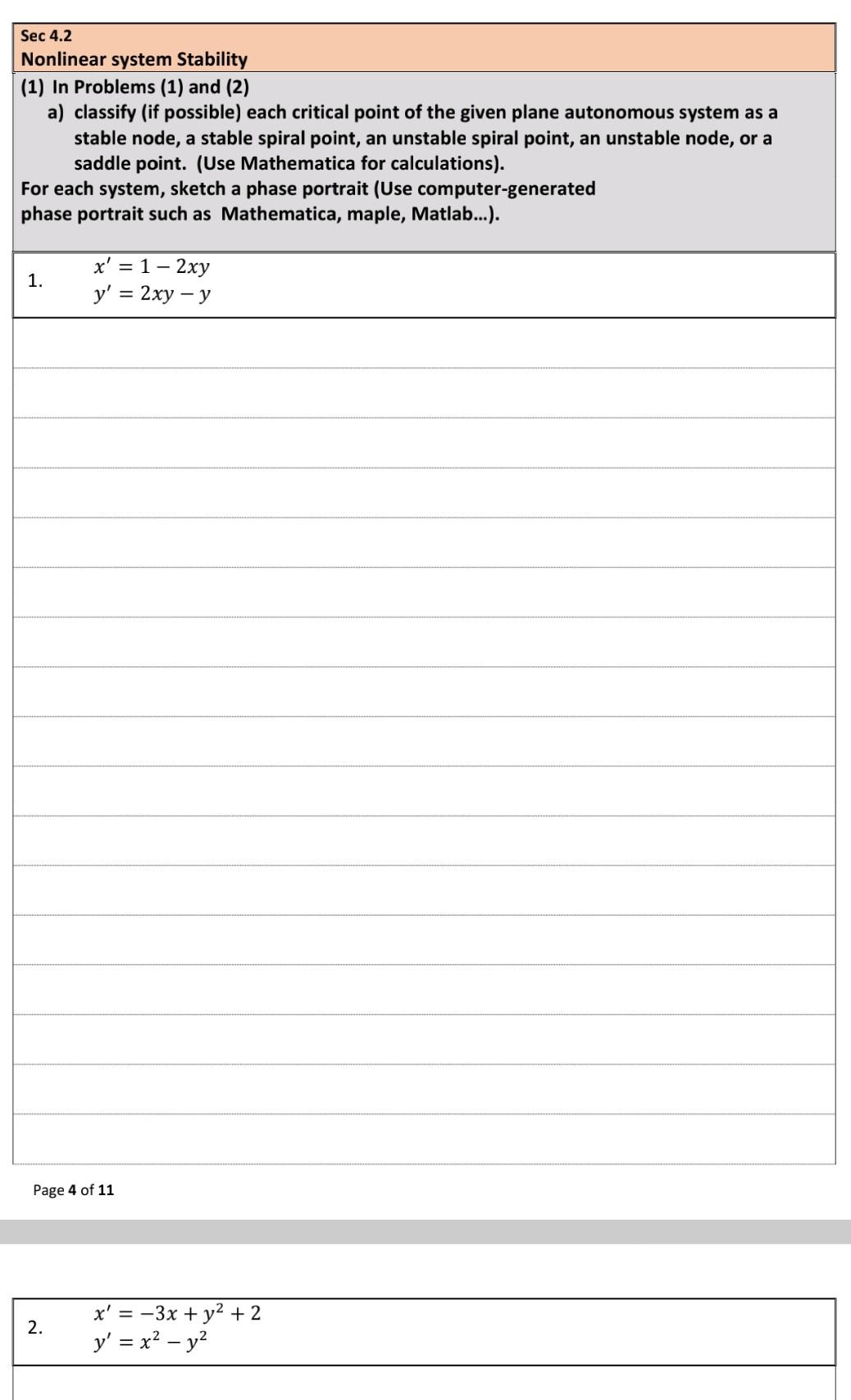 Solved Sec4.2 Nonlinear system Stability (1) In Problems (1) | Chegg.com