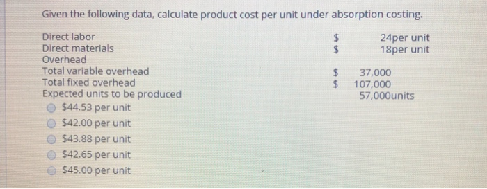 Solved Given the following data, calculate product cost per | Chegg.com