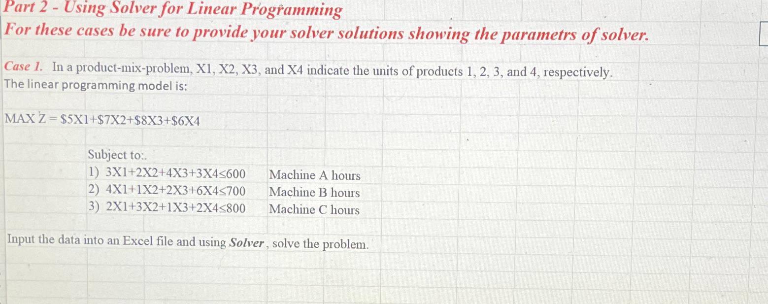 Solved Part 2 - ﻿Using Solver for Linear ProgrammingFor | Chegg.com