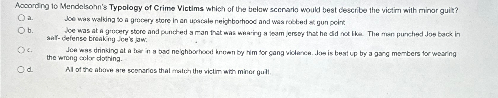 Solved According to Mendelsohn's Typology of Crime Victims | Chegg.com