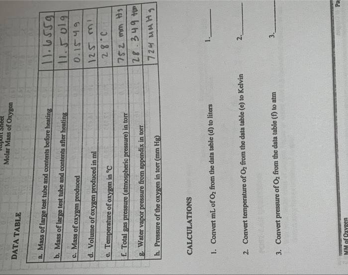 Solved CALCULATIONS 1. Convert mL of O2 from the data table | Chegg.com