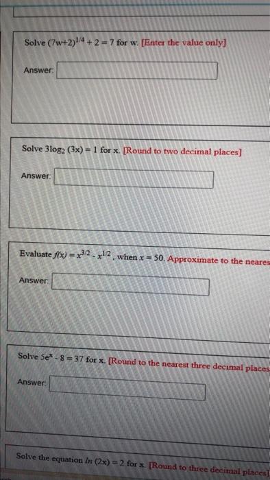 Solved Solve (7w+2)¹ * +2 = 7 for w. [Enter the value only] | Chegg.com