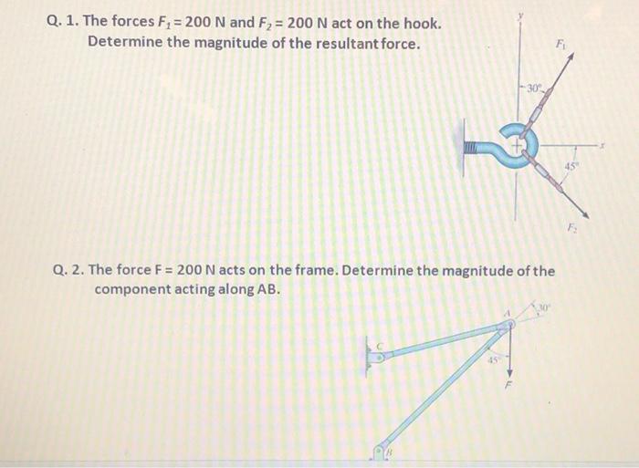 Solved Q. 1. The forces F1=200 N and F2=200 N act on the | Chegg.com