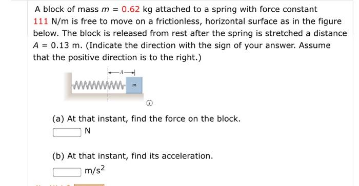 Solved A block of mass m = 0.62 kg attached to a spring with | Chegg.com