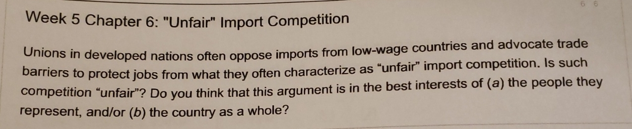Solved Week 5 ﻿Chapter 6: "Unfair" Import CompetitionUnions | Chegg.com
