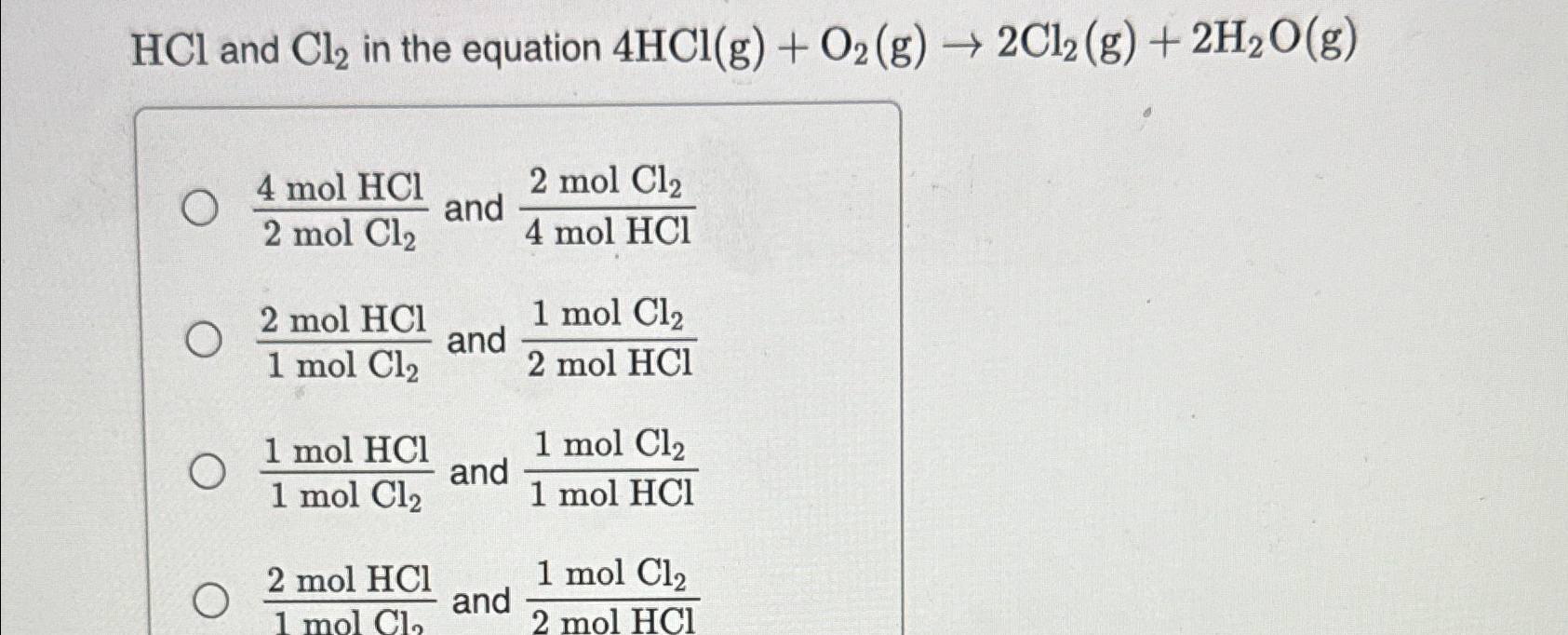 Solved HCl ﻿and Cl2 ﻿in the equation | Chegg.com