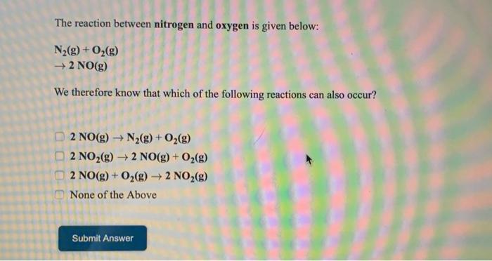Solved The reaction between nitrogen and oxygen is given | Chegg.com
