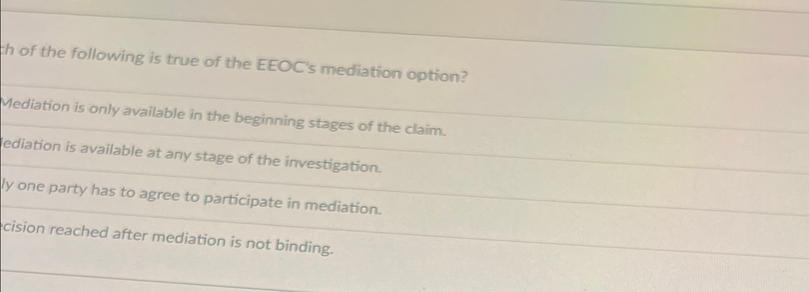 Solved th of the following is true of the EEOC's mediation | Chegg.com