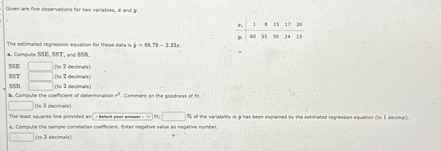 Solved Given are five observations for two variables, x ﻿and | Chegg.com