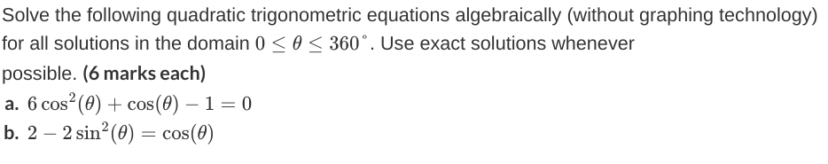 Solved Solve the following quadratic trigonometric equations | Chegg.com