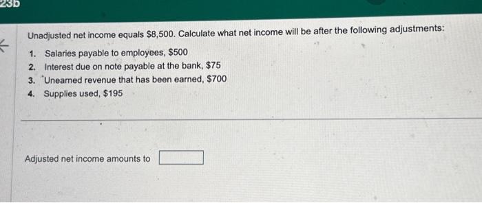 Solved Unadjusted net income equals $8,500. Calculate what | Chegg.com
