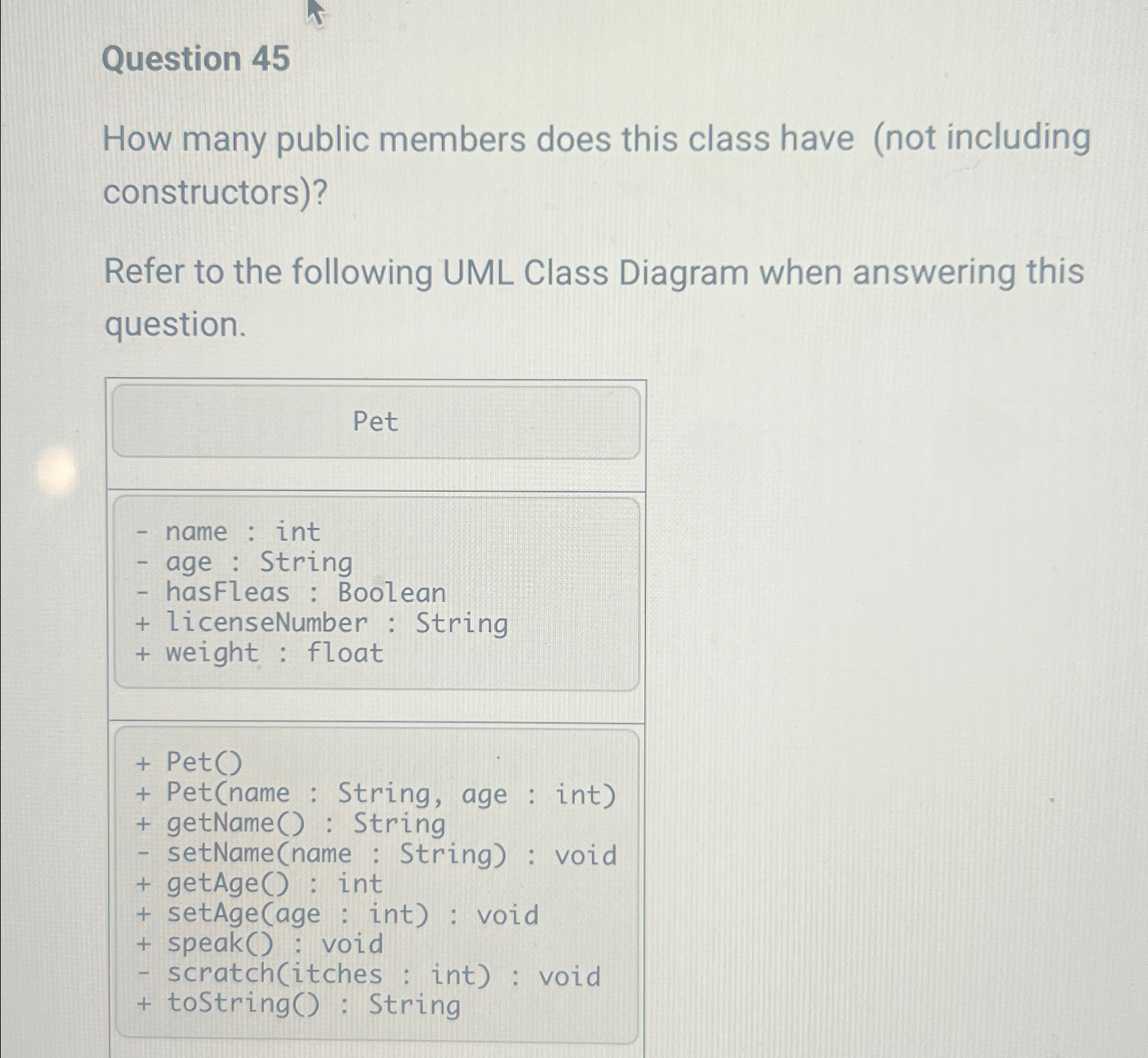Solved Question 45How many public members does this class | Chegg.com