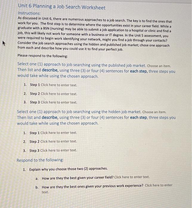 Solved Unit 6 Planning a Job Search Worksheet Instructions: | Chegg.com
