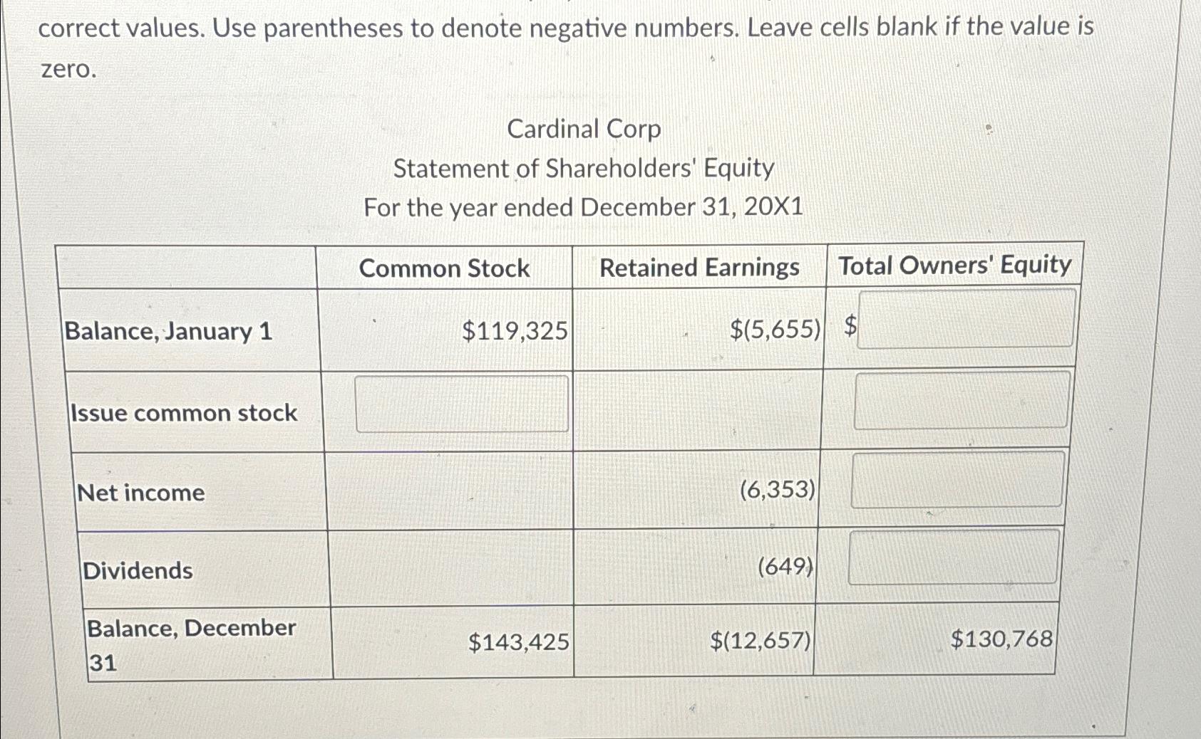 Solved correct values. Use parentheses to denote negative | Chegg.com