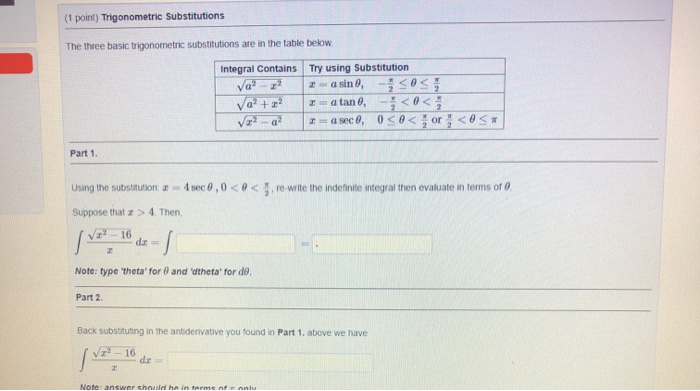 Solved 1 Point Trigonometric Substitutions The Three Basic