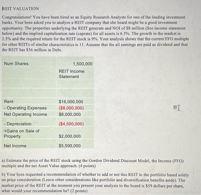 Solved REIT VALUATION Congratulations! You have been hired | Chegg.com